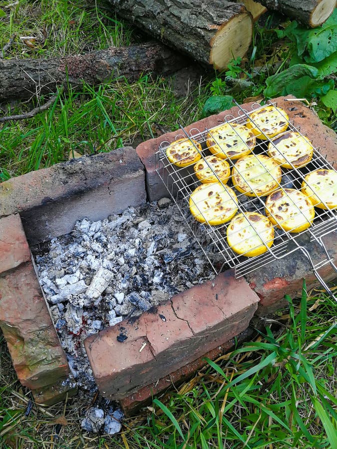 Zucchini Fried on a Homemade Brick Grill. Stock Photo - Image of grill ...