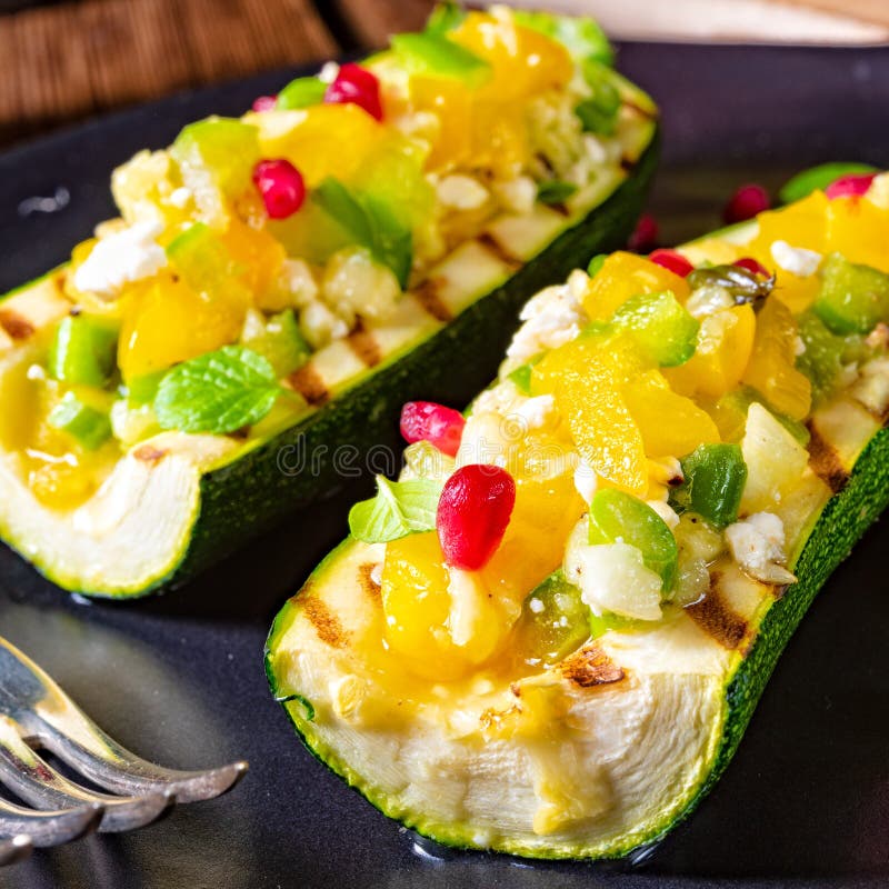 Grilled Zucchini Stuffed with Sheep`s Cheese and Paprika. Stock Image ...