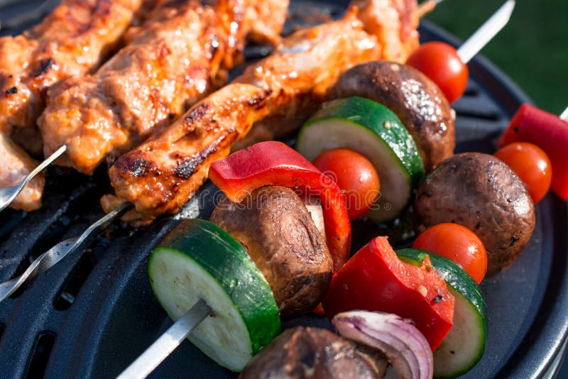 Grillet Meat and Vegetables on Grill in Campsite Stock Photo - Image of ...