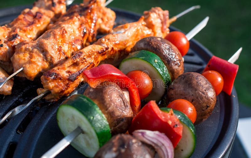 Grillet Meat and Vegetables on Grill in Campsite Stock Image - Image of ...