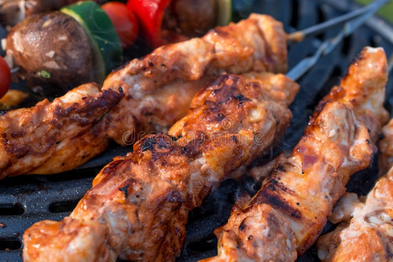 Grillet Meat and Vegetables on Grill in Campsite Stock Image - Image of ...