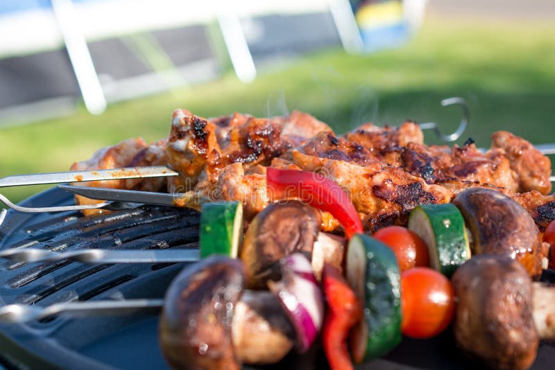 Grillet Meat and Vegetables on Grill in Campsite Stock Image - Image of ...