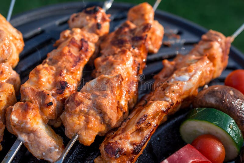 Grillet Meat and Vegetables on Grill in Campsite Stock Photo - Image of ...