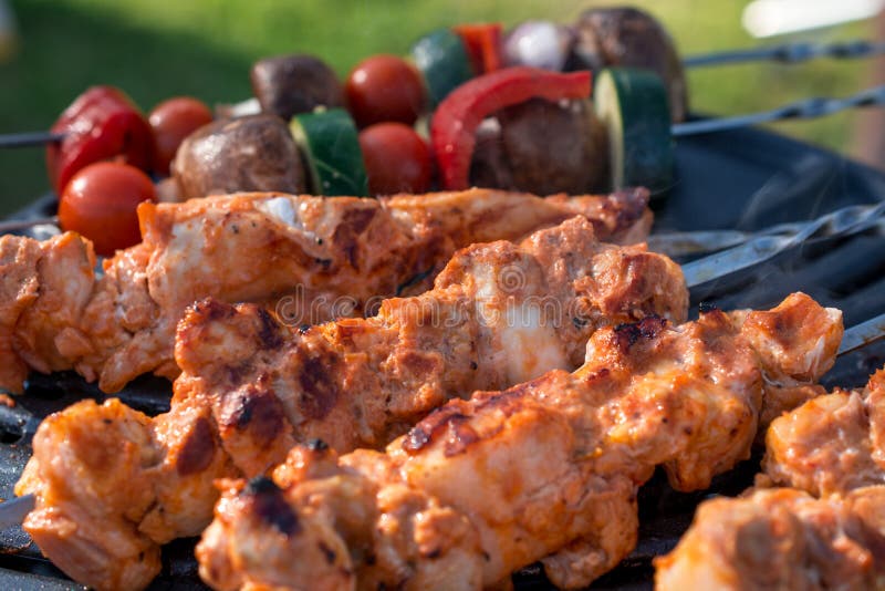 Grillet Meat and Vegetables on Grill in Campsite Stock Image - Image of ...