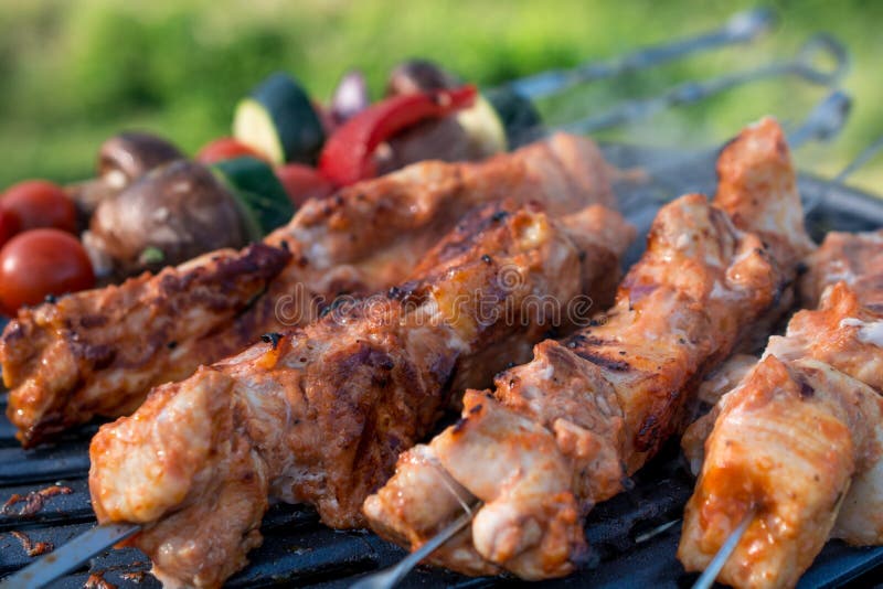 Grillet Meat and Vegetables on Grill in Campsite Stock Photo - Image of ...