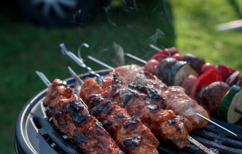 Grillet Meat and Vegetables on Grill in Campsite Stock Image - Image of ...