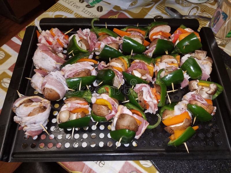 Mini Kebabs on Skewer with Mini-octopuses and Leek, Served in Teriyaki ...