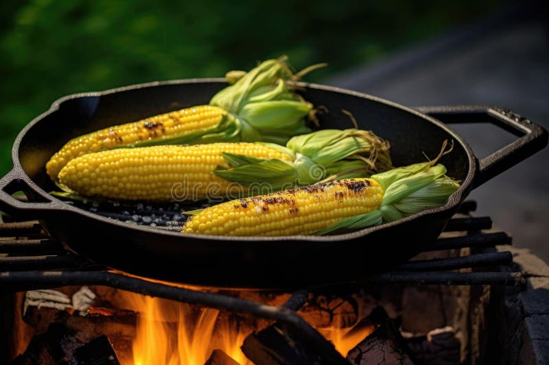 Grilling Corn on the Cob in a Cast Iron Pan on a Bbq Stock Illustration ...