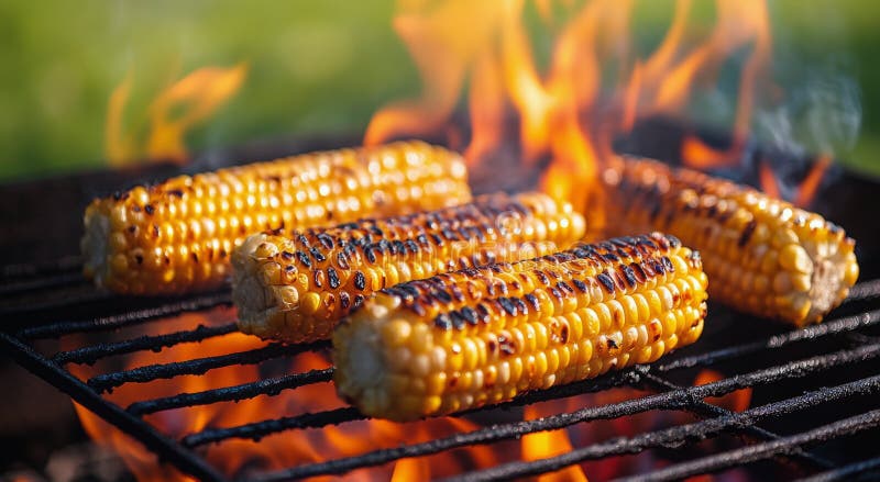 Grilling Corn on the Cob Over an Open Flame during a Summer Barbecue in ...