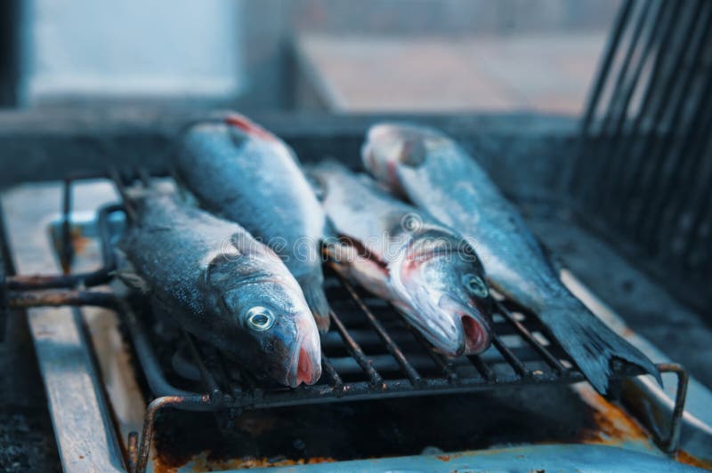 Grilling fish on gridiron stock image. Image of heat - 259325409