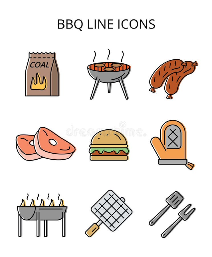 Grilling Food. Set of Colored Vector Icons in Flat Style Stock Vector ...