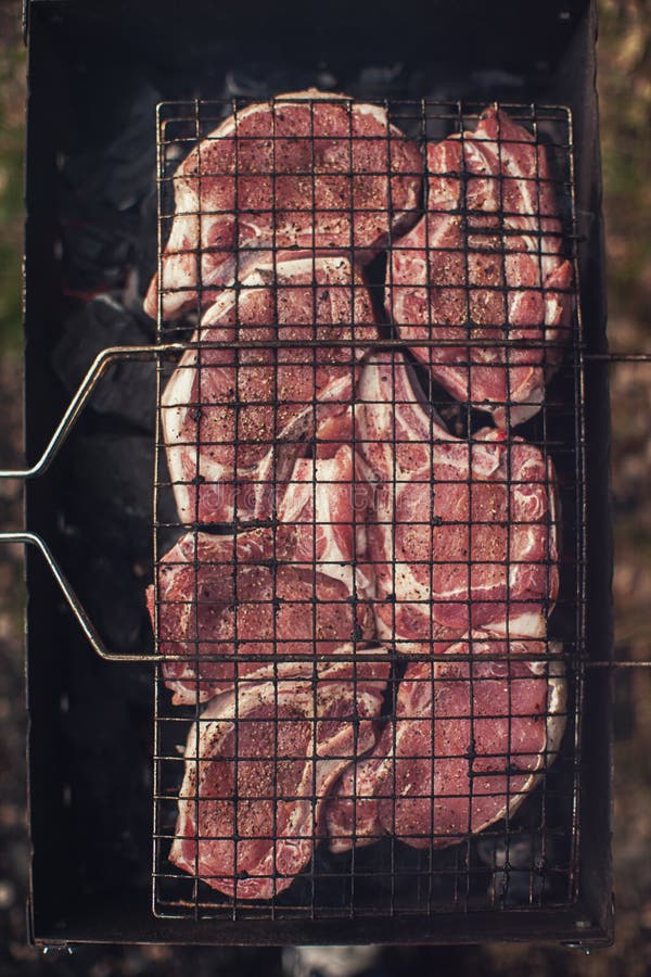 Grilling Fresh Entrecote Pork Stock Photo - Image of outdoors, meat ...