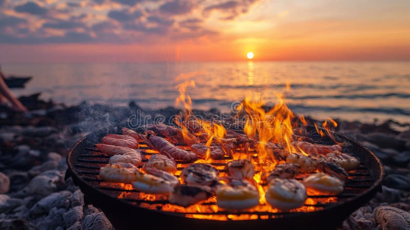 Grilling Fresh Seafood Over Open Fire on the Beach at Sunset for a ...