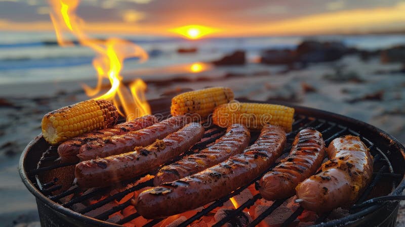 Grilling Hot Dogs and Corn on the Cob Stock Photo - Image of roasted ...