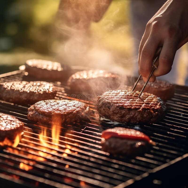 Grilling Man Flipping Beef Burgers. Generative AI Stock Illustration ...