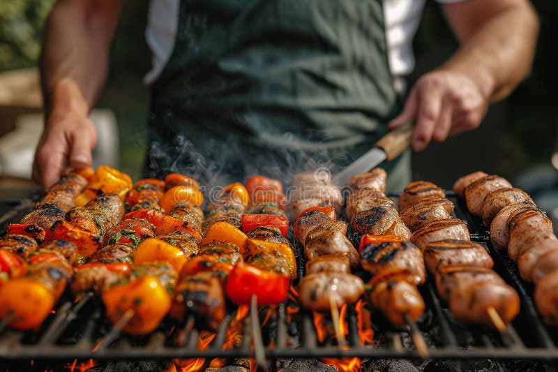 Grilling Meat on a Grill Outside, Barbeque Out Door Dinner Concept ...