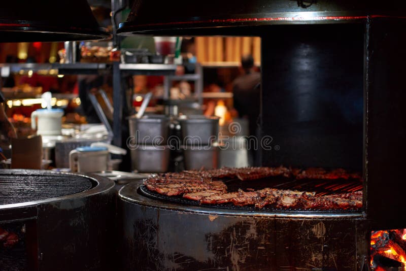 Grilling on Open Fire Pork Ribs in Restaurant Stock Image - Image of ...