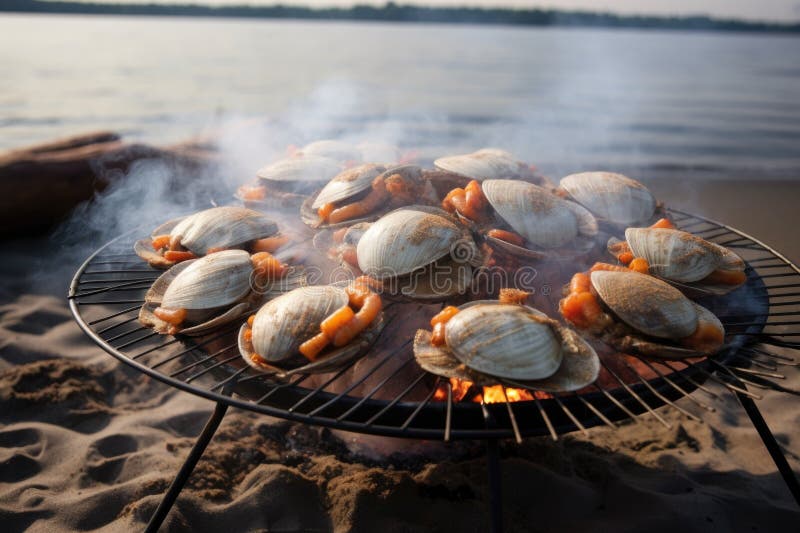Grilling Quahogs on a Beach Bbq with Smoke Stock Illustration ...