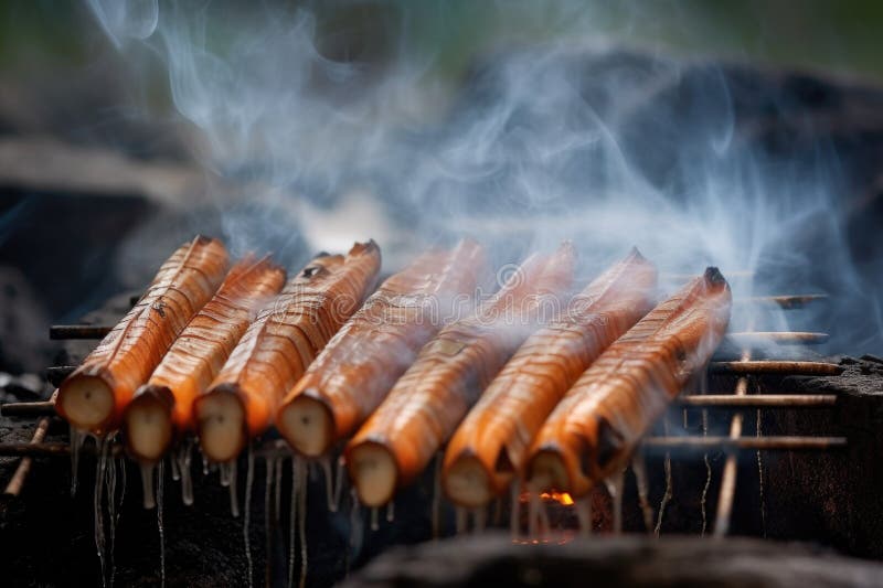 Grilling Razor Clams with Smoke Rising Up Stock Illustration ...