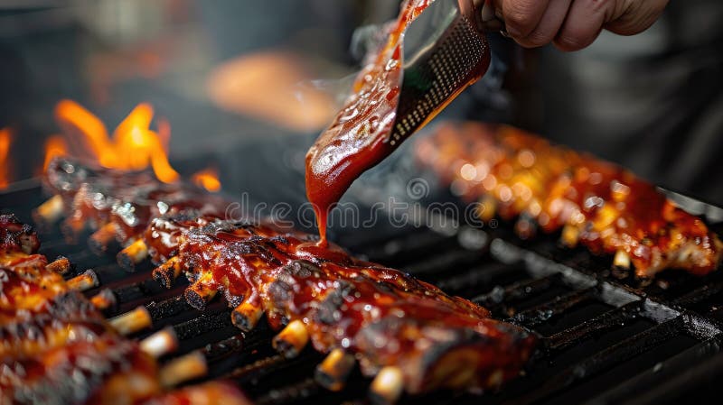 Grilling Ribs and Chicken Outdoors with a Chef and Barbecue Sauce Stock ...