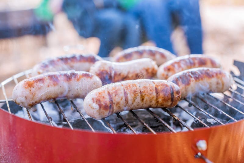 Grilling Sausages on Barbecue Grill Stock Image - Image of fast, coals ...