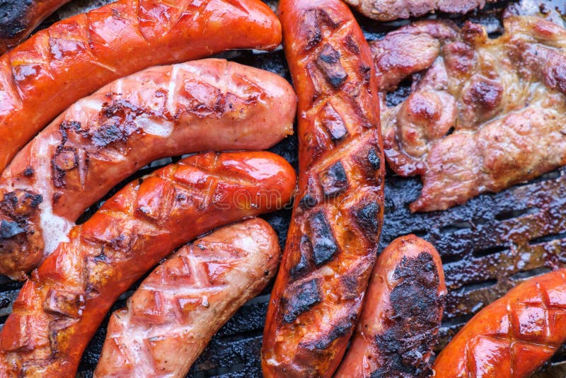 Grilling Sausages on Barbecue Grill Stock Image - Image of meal, hotdog ...