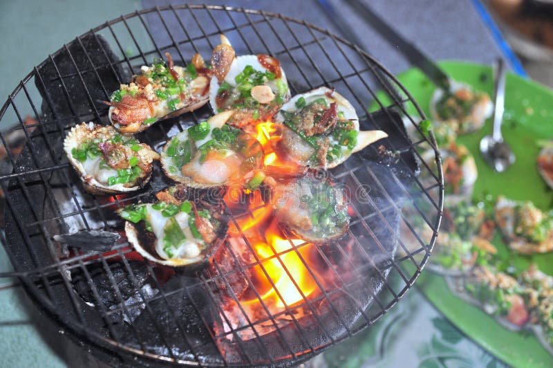 Grilling Shellfish and Seafood on Hot Fire Stock Image - Image of ...
