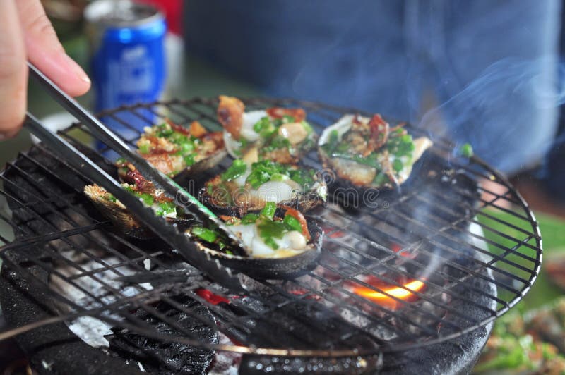 Grilling Shellfish and Seafood on Hot Fire Stock Photo - Image of ...