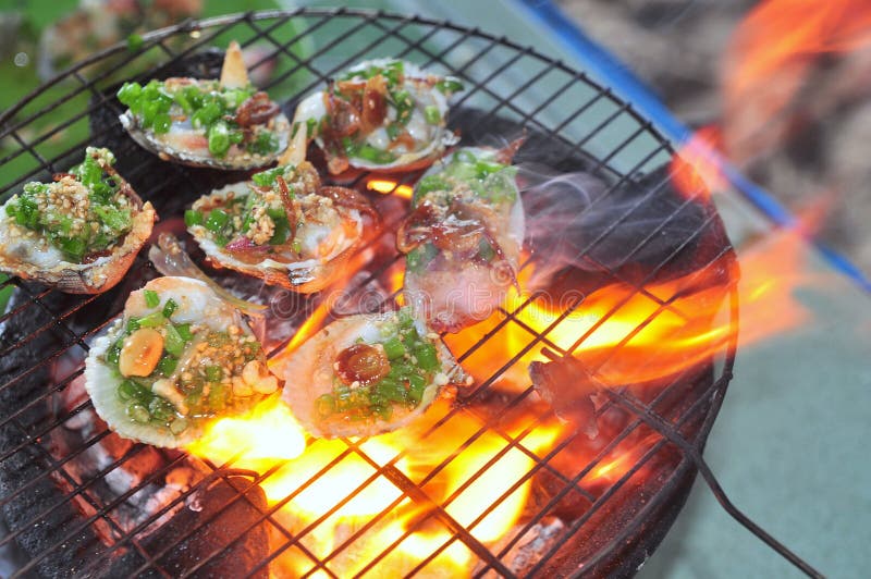 Grilling Shellfish and Seafood on Hot Fire Stock Image - Image of ...