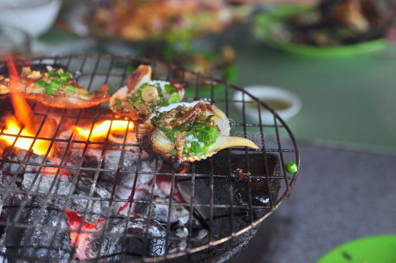 Grilling Shellfish and Seafood on Hot Fire Stock Photo - Image of ...