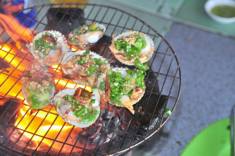 Grilling Shellfish and Seafood on Hot Fire Stock Photo - Image of ...