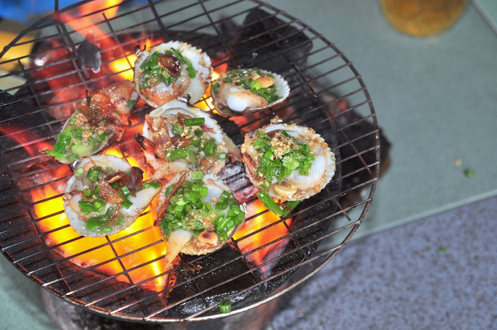 Grilling Shellfish and Seafood on Hot Fire Stock Image - Image of heat ...