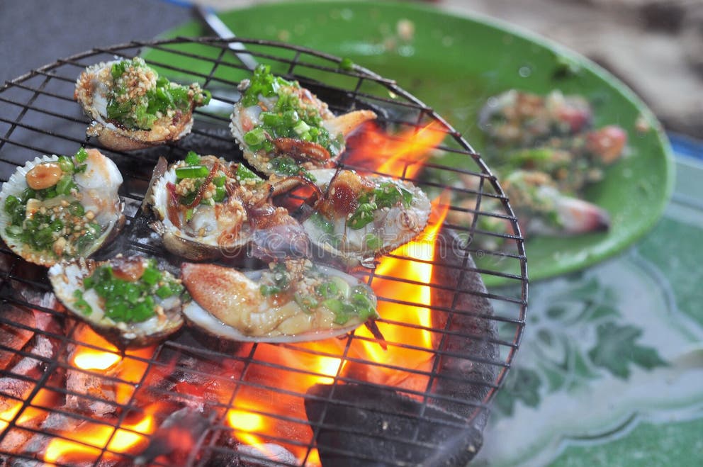 Grilling Shellfish and Seafood on Hot Fire Stock Photo - Image of lunch ...