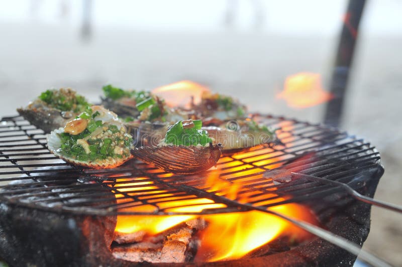 Grilling Shellfish and Seafood on Hot Fire Stock Image - Image of ...