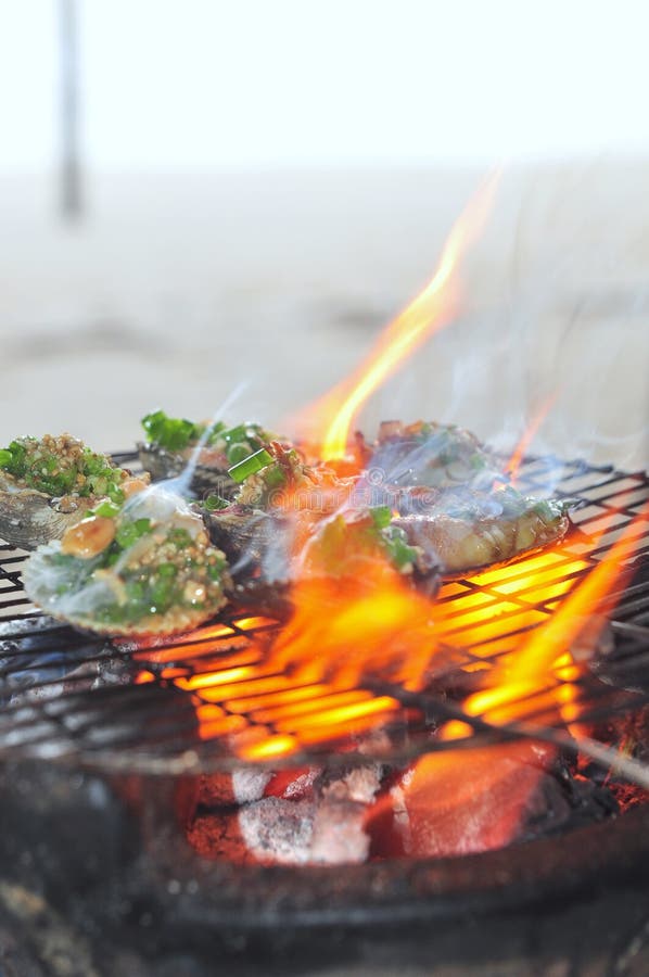 Grilling Shellfish and Seafood on Hot Fire Stock Image - Image of ...
