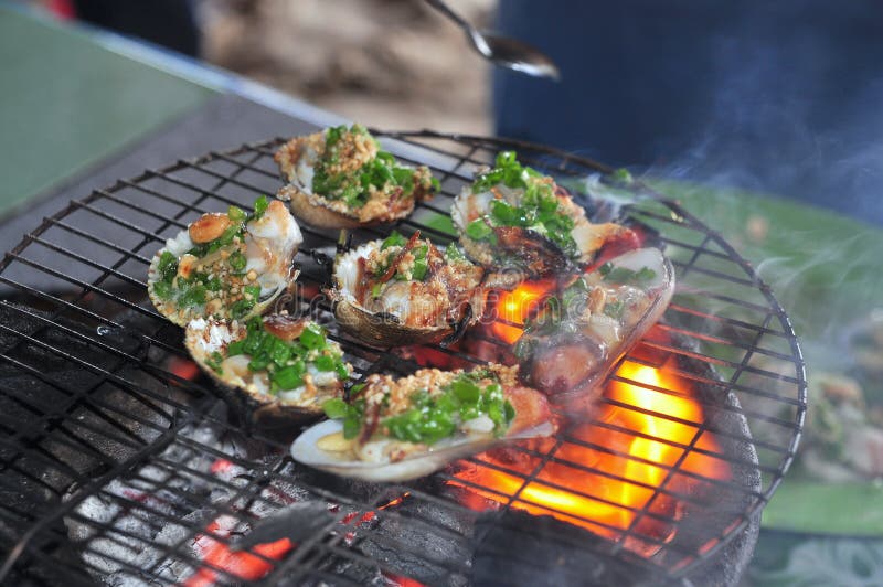 Grilling Shellfish and Seafood on Hot Fire Stock Photo - Image of ...