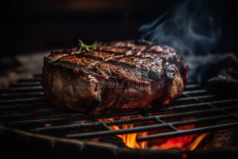 Grilling Steaks on Flaming Grill and Shot with Selective Focus Stock ...
