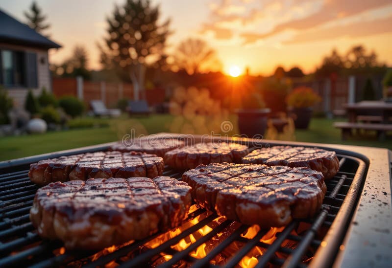 Grilling Steaks during Sunset in a Backyard Barbecue Setting with Warm ...
