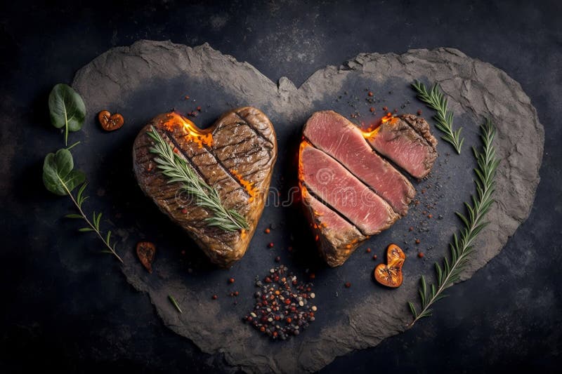 Grilling Two Heart-Shaped Marble Beef Steaks with Spices on a Stone ...