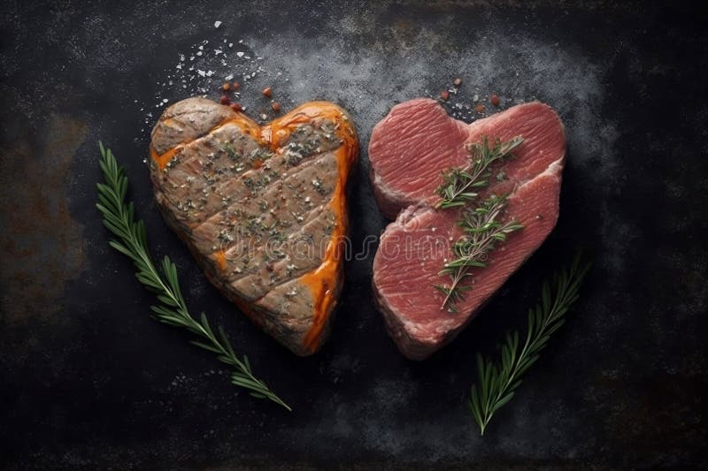 Grilling Two Heart-Shaped Marble Beef Steaks with Spices on a Stone ...