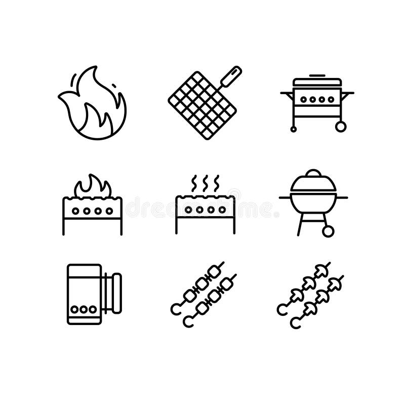 Grilling Vector Isolated Line Icon Set. BBQ Barbecue Grill Stock Vector ...