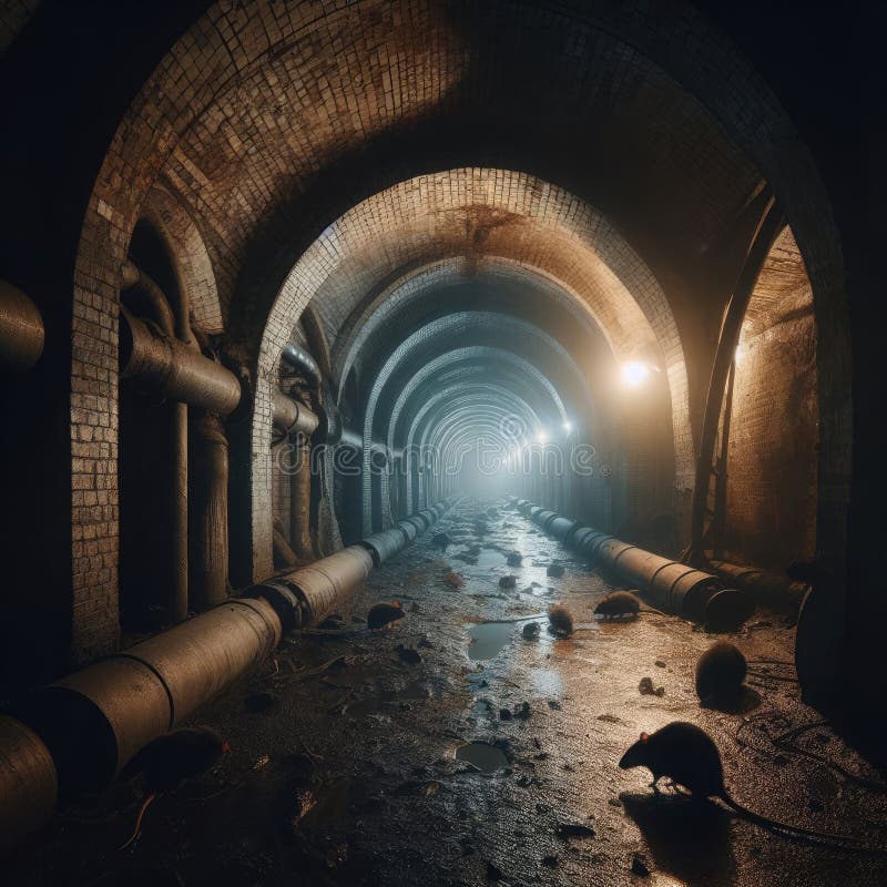 A Grim, Filthy Sewer Tunnel with Rats. Stock Illustration ...