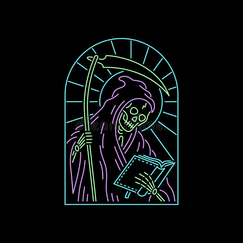 GRIM REAPER with BOOK COLOR NEON BADGE BLACK Stock Vector ...