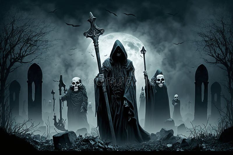 Grim Reaper with Haunted, Creepy Graveyard, Generative AI Stock ...