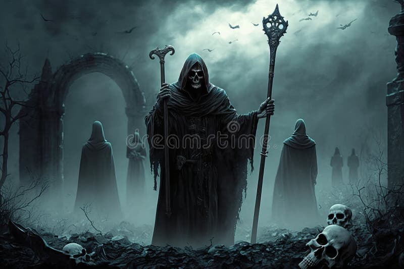 Grim Reaper with Haunted, Creepy Graveyard, Generative AI Stock ...