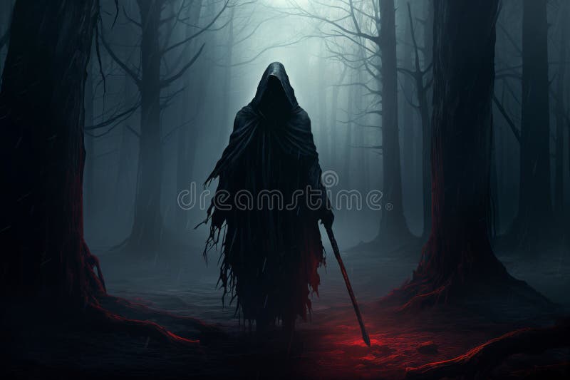 The Grim Reaper in a Hooded Cloak in a Dark Forest Stock Image - Image ...