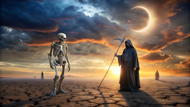 Grim Reaper and Skeleton on Waste Land Against Sun Eclipse Stock ...