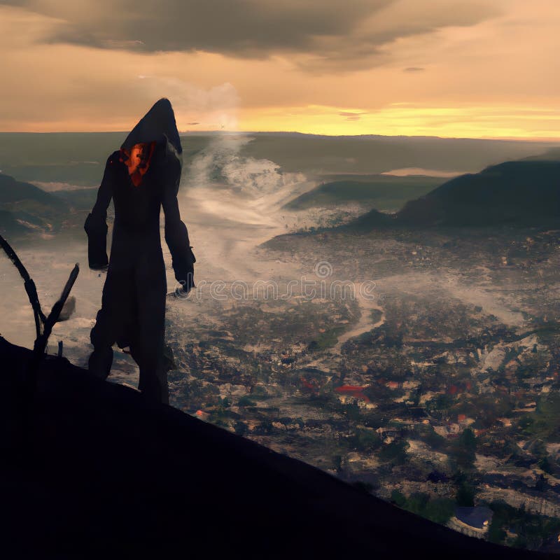 Grim Reaper or Spooky Character Looking Down Over City Village or ...