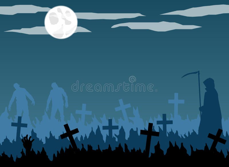 Grim Reaper and Zombie Silhouette in Full Moon Graveyard Stock Vector ...
