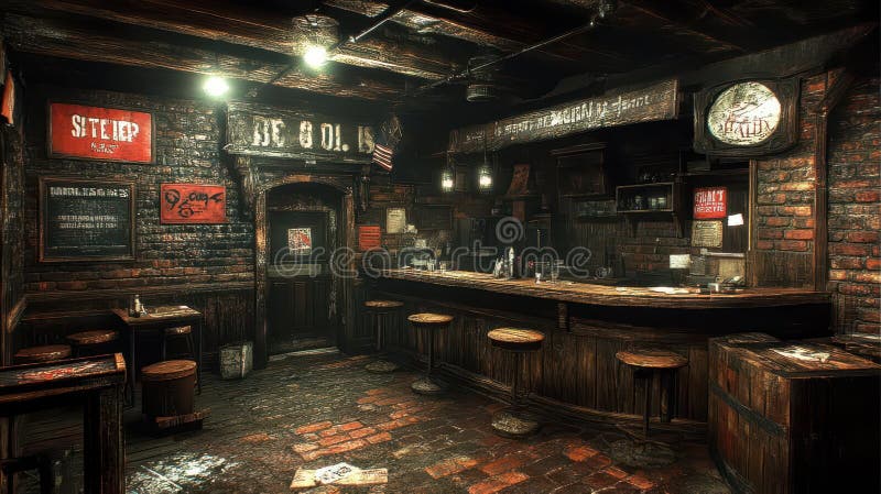 Grimy Bar, Dark Interior, Brick Walls Stock Photo - Image of scene ...